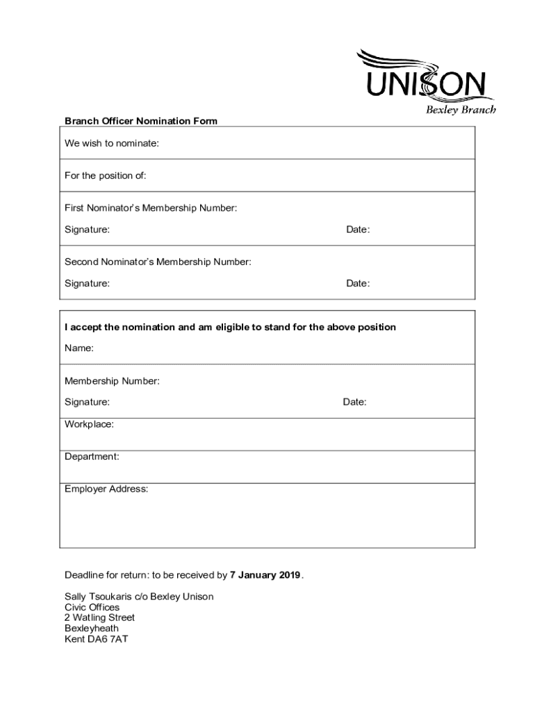 Fillable Online Branch Officer Nomination Form 2019 Fax Email Print ...