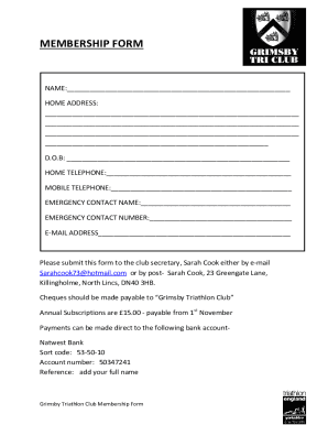Fillable Online GRIMSBY TRIATHLON CLUB MEMBERSHIP FORM Fax Email Print ...