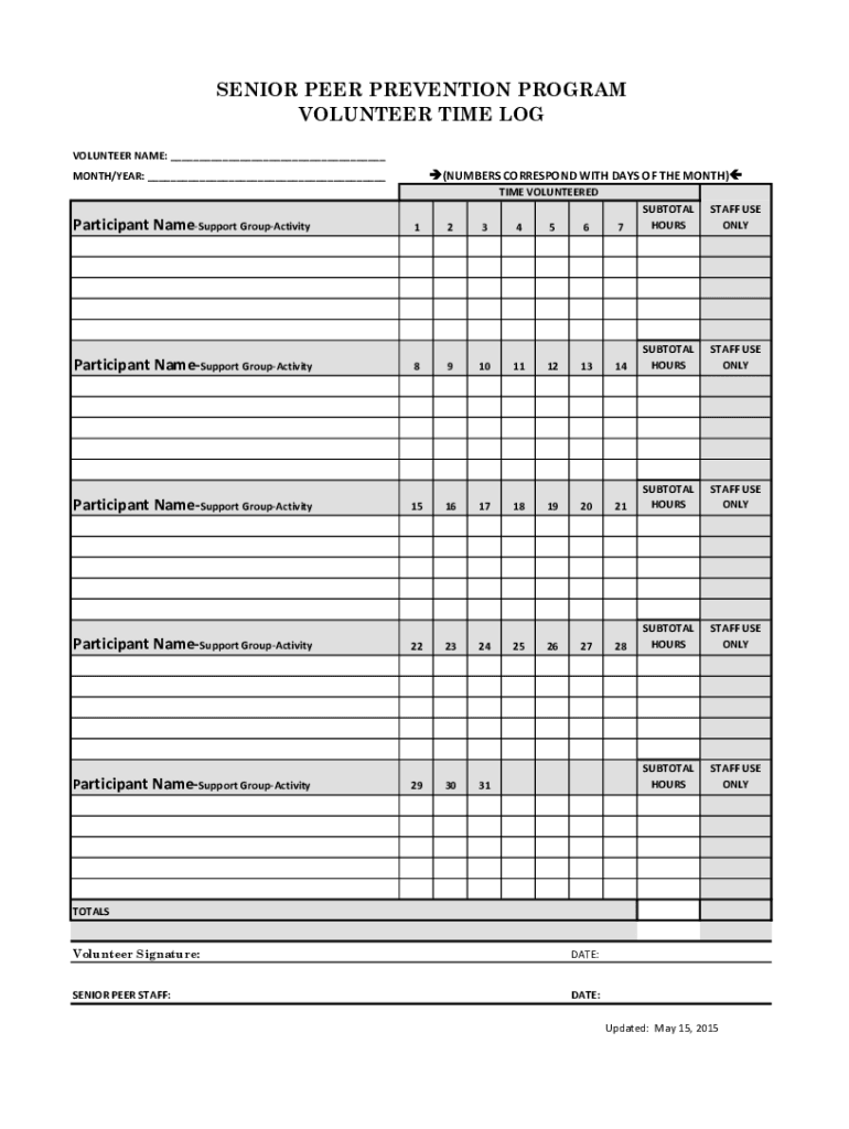 Fillable Online SENIOR PEER PREVENTION PROGRAM VOLUNTEER TIME LOG Fax ...