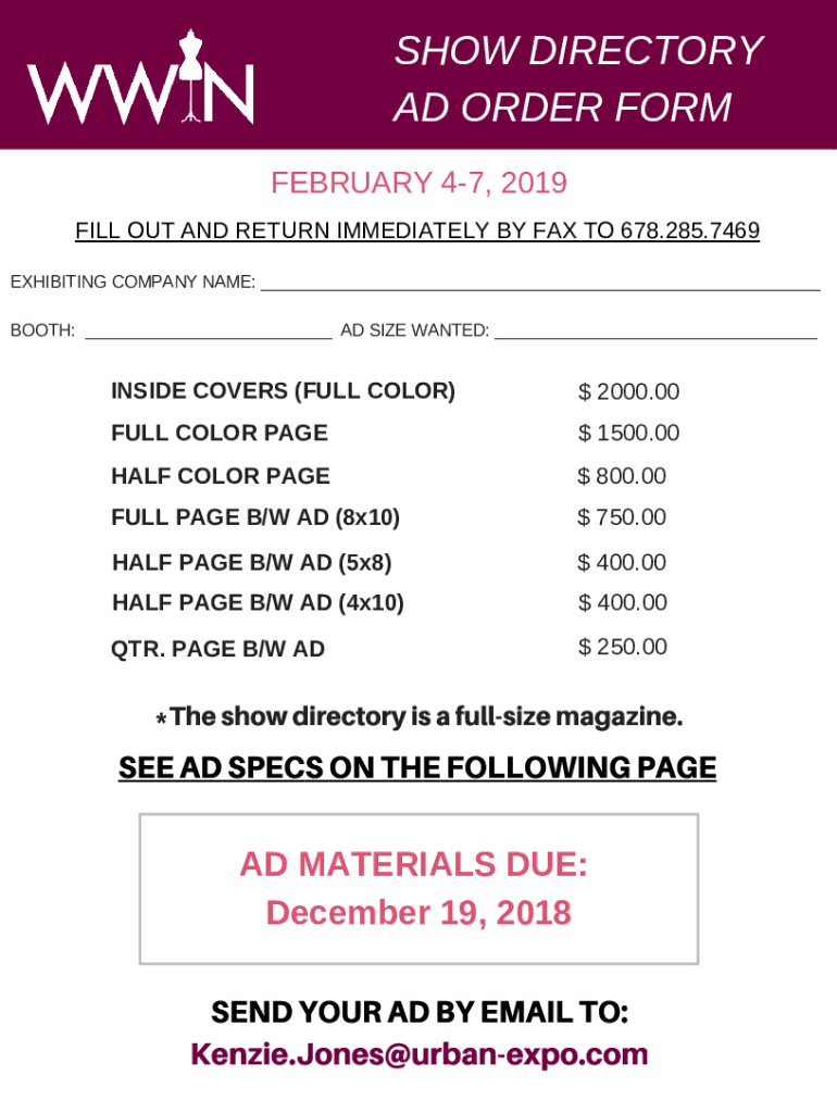 Fillable Online WWIN 219 SHOW Directory Advertising Reservation form ...