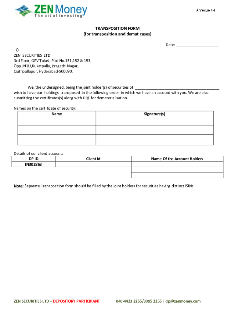 Fillable Online (for transposition and demat cases) Fax Email Print ...
