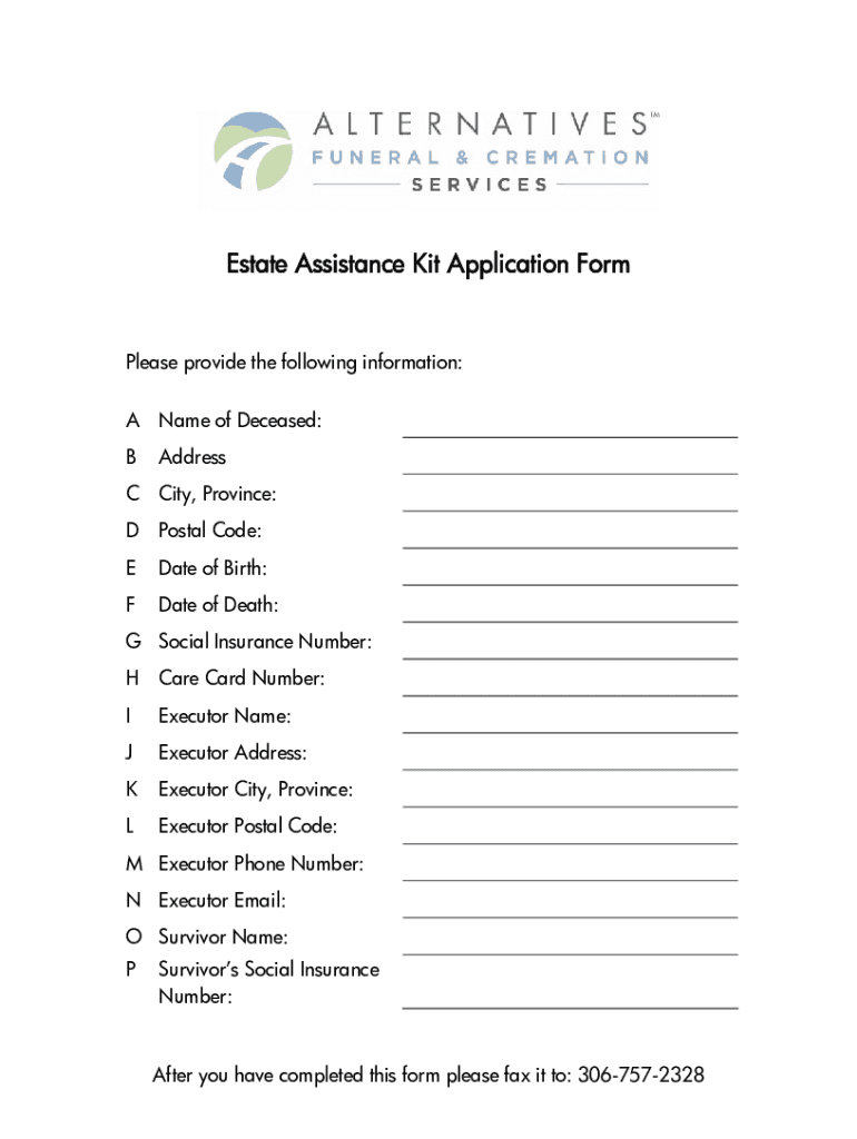 Fillable Online Estate Assistance Kit Application Form Regina.doc Fax ...