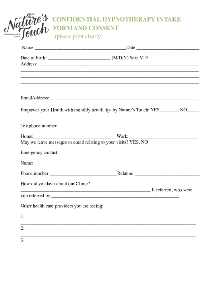 Fillable Online Hypnotherapy Intake and Consent Form Fax Email Print ...