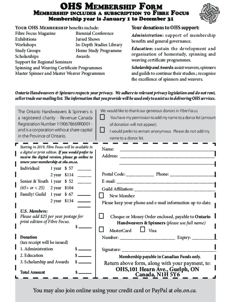 Fillable Online ohs on OHS MeMbership ForM M includes a subscription to Fibre Focus ... Fax ...