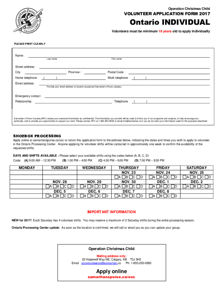 Fillable Online Operation Christmas Child VOLUNTEER APPLICATION FORM ...