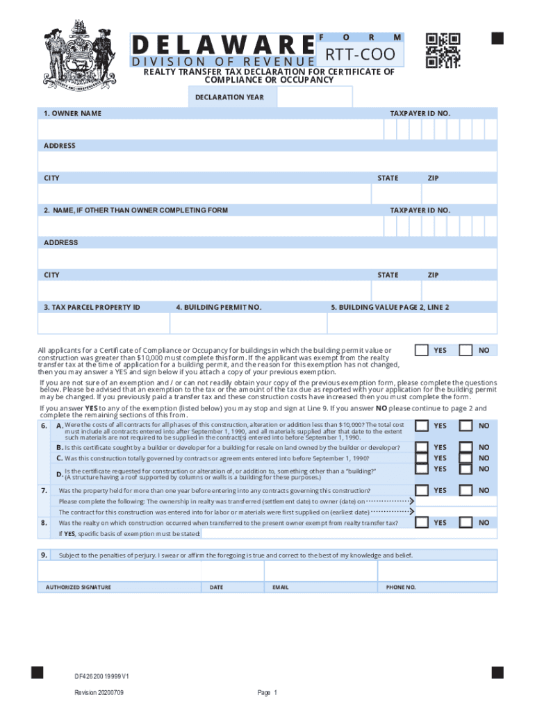 Fillable Online Form RTT-COO "Realty Transfer Tax Declaration for ...