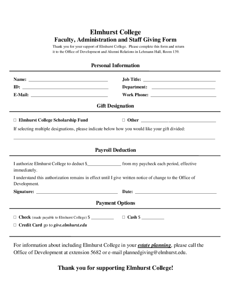 Fillable Online Elmhurst College Faculty, Administration and Staff ...