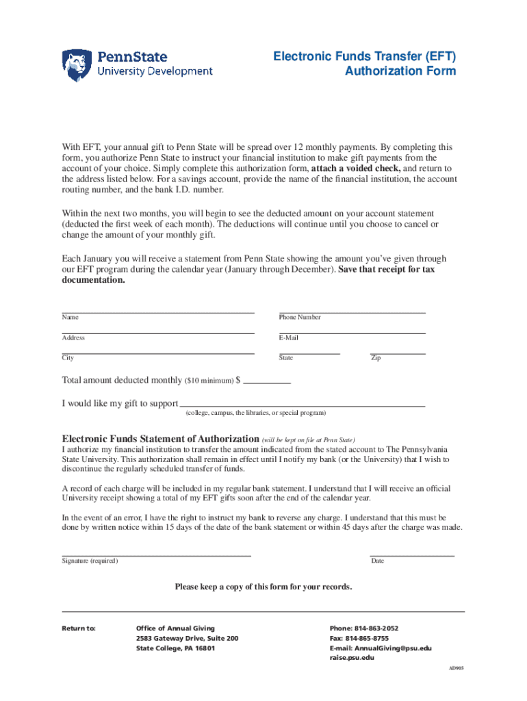 Fillable Online Electronic Funds Transfer (EFT) AuthorizationELECTRONIC ...