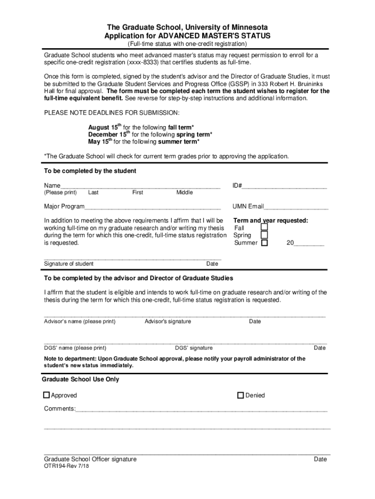 Fillable Online onestop umn Application for Advanced Master's Status - OnestopUmn Fax Email ...