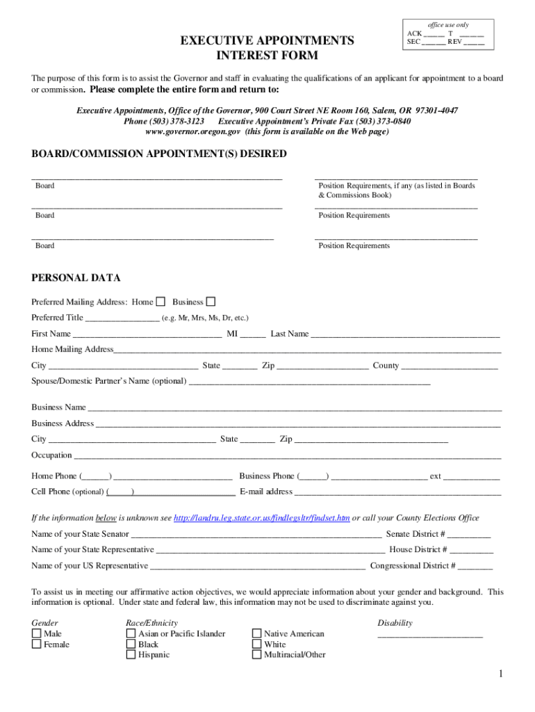 Fillable Online Fillable Online oregon EXECUTIVE APPOINTMENTS INTEREST ...