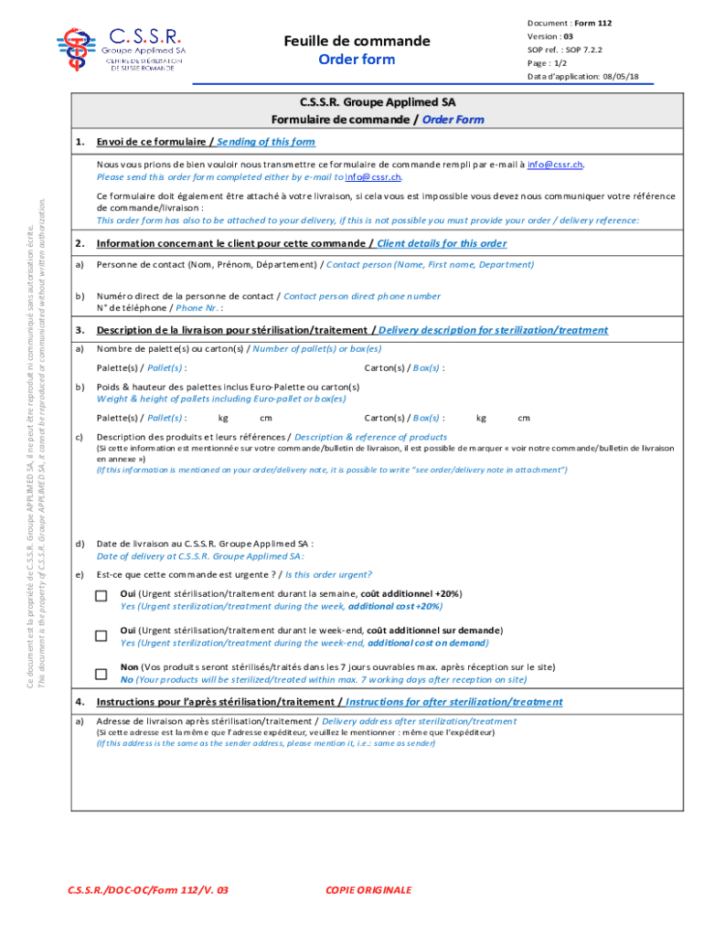 Fillable Online Feuille de commande Order form - C.S.S.R. Groupe ...