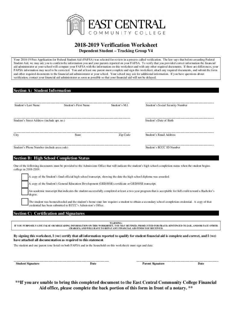 Fillable Online 2018-2019 Verification Worksheet - Decatur, Mississippi ...