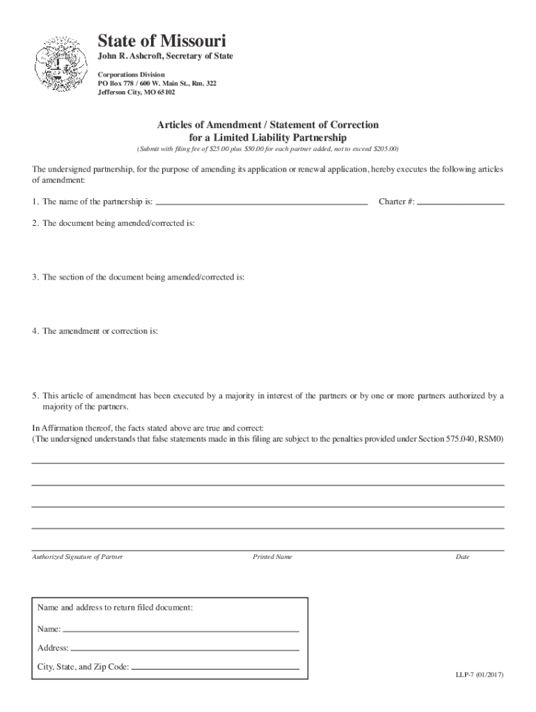 Fillable Online sos mo Articles of Amendment/Statement of Correction ...