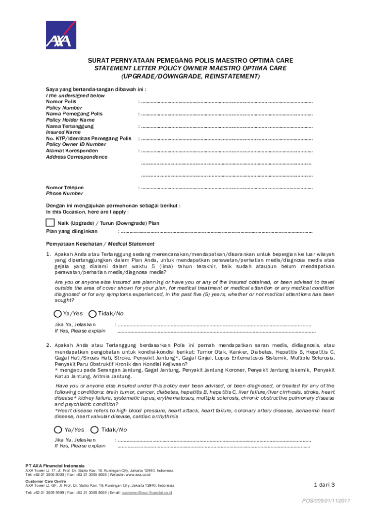 Fillable Online axa co SURAT PERNYATAAN PEMEGANG POLIS MAESTRO OPTIMA ...