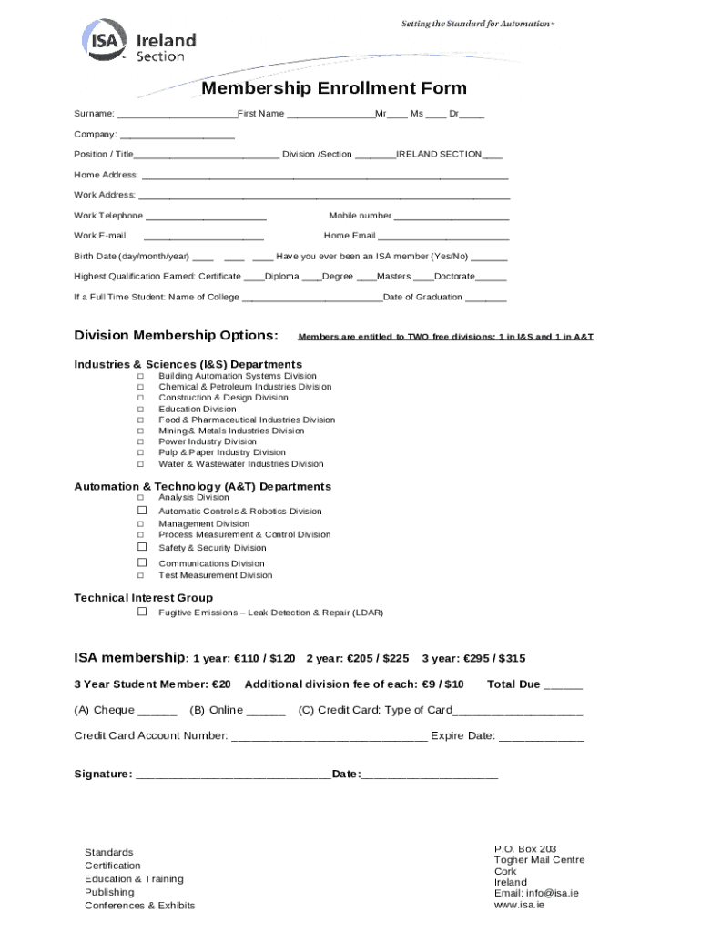 Fillable Online Membership Enrollment Form - ISA Ireland Section Fax ...