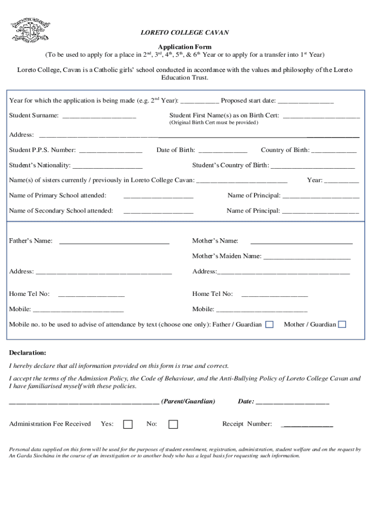 Fillable Online LORETO COLLEGE CAVAN Application Form , 3 , 4 , 5 , & 6 ...