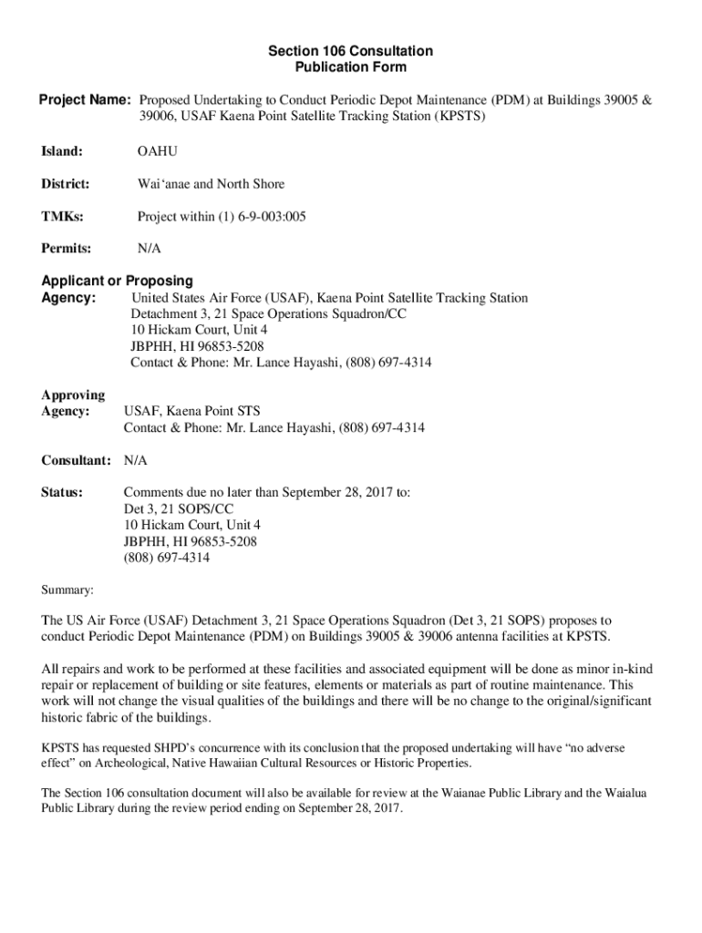 Fillable Online Section 106 Consultation Publication Form Project Name ...