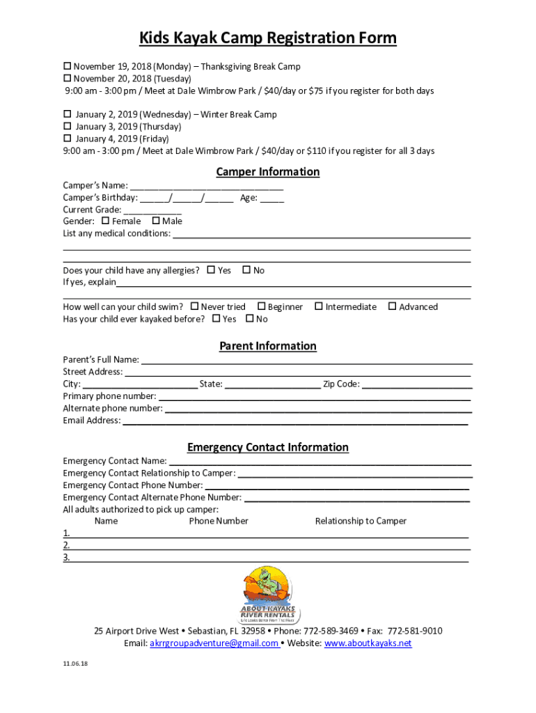 Fillable Online Kayak Camp Registration Form.docx Fax Email Print ...