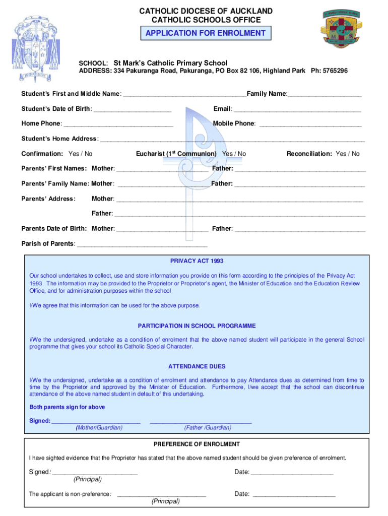 Fillable Online APPLICATION FOR ENROLMENT CATHOLIC DIOCESE OF ... Fax Email Print - pdfFiller
