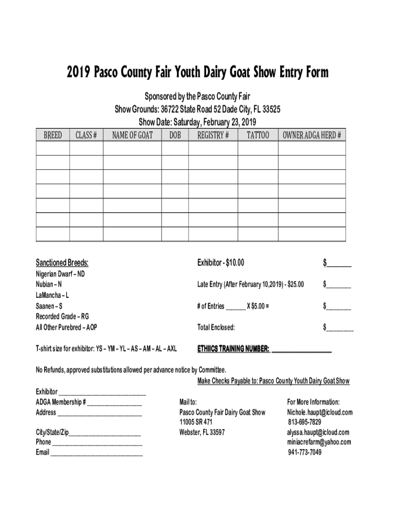 Fillable Online 2019 Pasco County Fair Youth Dairy Goat Show Entry Form ...