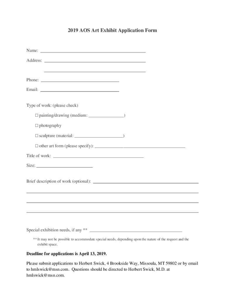 Fillable Online 2017 AOS Art Exhibit Application Doc TemplatePDFfiller Fax Email Print