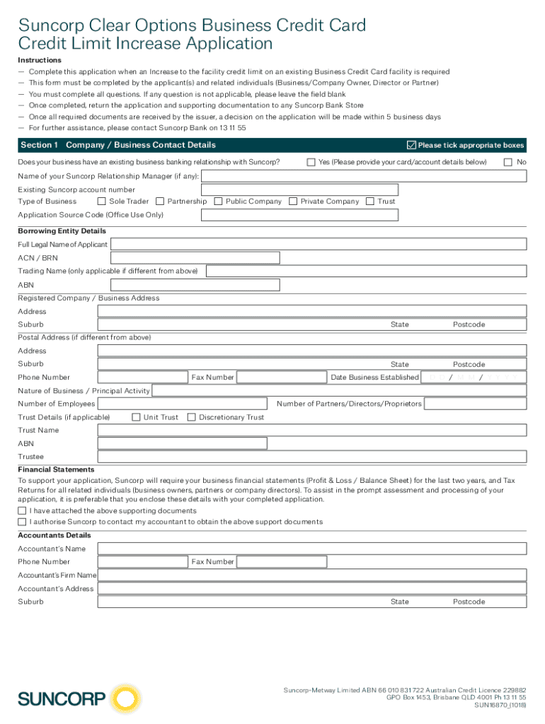 Fillable Online Suncorp Clear Options Business Credit Card Credit Limit ... Fax Email Print ...