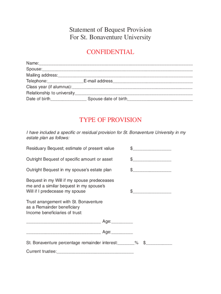 Fillable Online Statement of Bequest Fax Email Print - pdfFiller