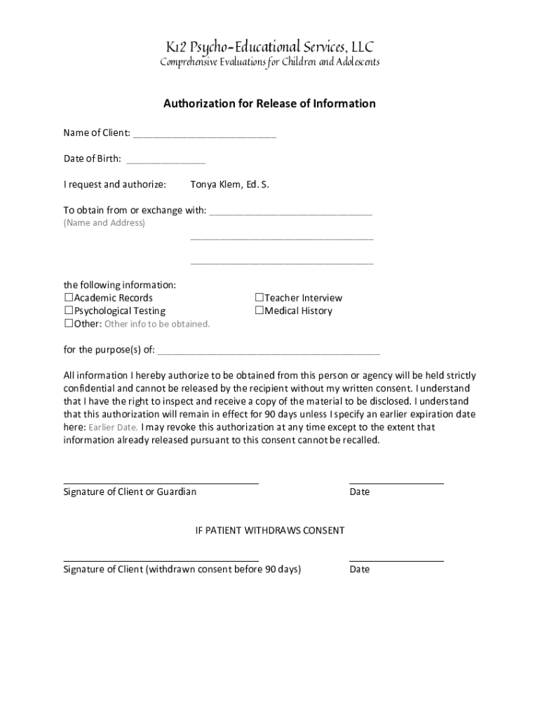 Fillable Online Tonya Klem - Licensed Private Practice School ...