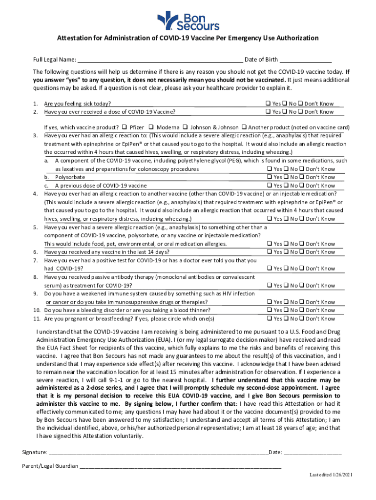Fillable Online Bon Secours COVID-19 Vaccine Administration Ambulatory ...