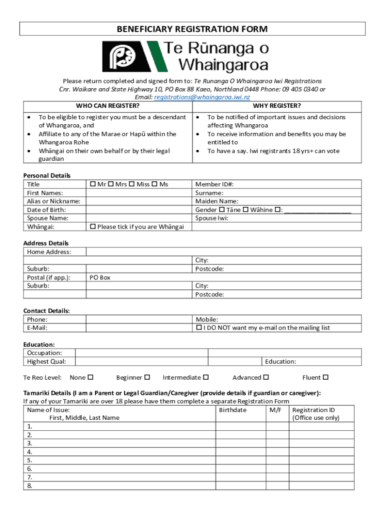 Fillable Online whaingaroa iwi BENEFICIARY REGISTRATION FORM - Te ...