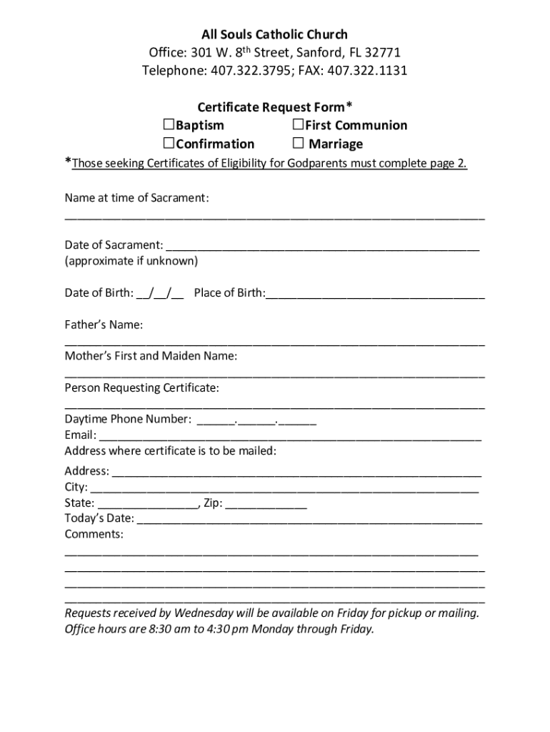 Fillable Online Certificate Request Form* Baptism First Communion ... Fax Email Print - pdfFiller