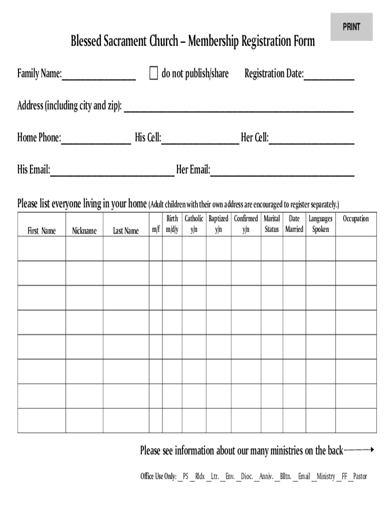 Fillable Online Blessed Sacrament Church Membership Registration Form ...