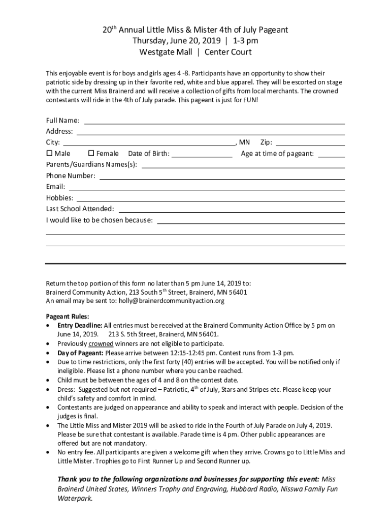 Fillable Online Annual Little Miss & Mister 4th of July Pageant ...
