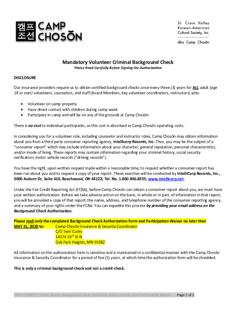 Fillable Online Volunteer/Employee Background Check Policy and ...