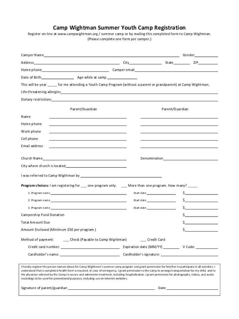 Fillable Online Camp Wightman Summer Youth Camp Registration Fax Email ...