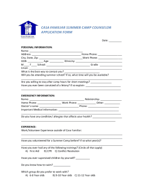 Fillable Online CASA FAMILIAR SUMMER CAMP COUNSELOR APPLICATION FORM ...