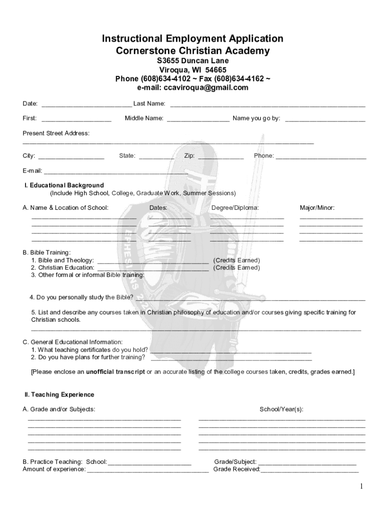 Fillable Online Instructional Employment Application Cornerstone ...