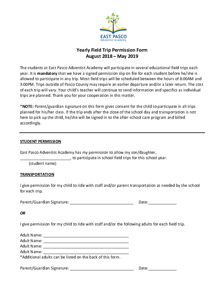 Fillable Online Yearly Field Trip Permission Form.pdf Fax Email Print ...