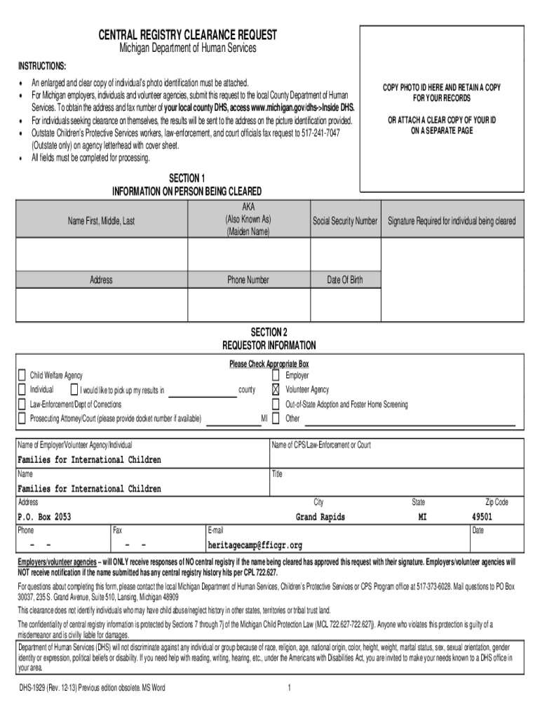 Fillable Online MDHHS - Central Registry Clearance RequestsMDHHS ...