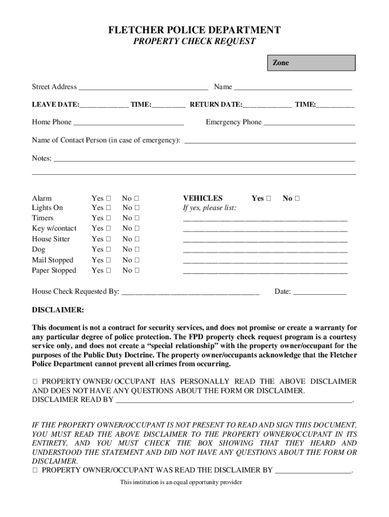 Fillable Online FLETCHER POLICE DEPARTMENT PROPERTY CHECK REQUEST Fax ...