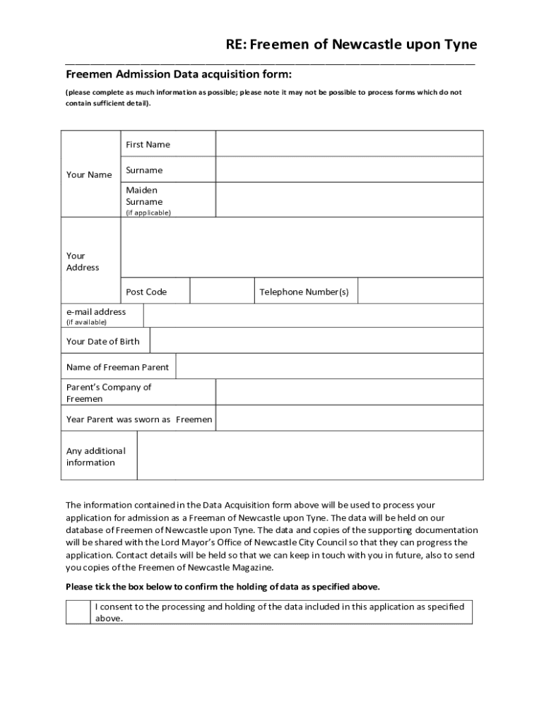 Fillable Online Freemen of Newcastle Data Acquisition form Fax Email ...