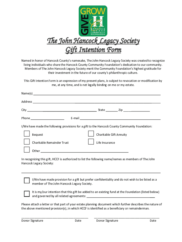 Fillable Online The John Hancock Legacy Society Gift Intention Form Fax ...