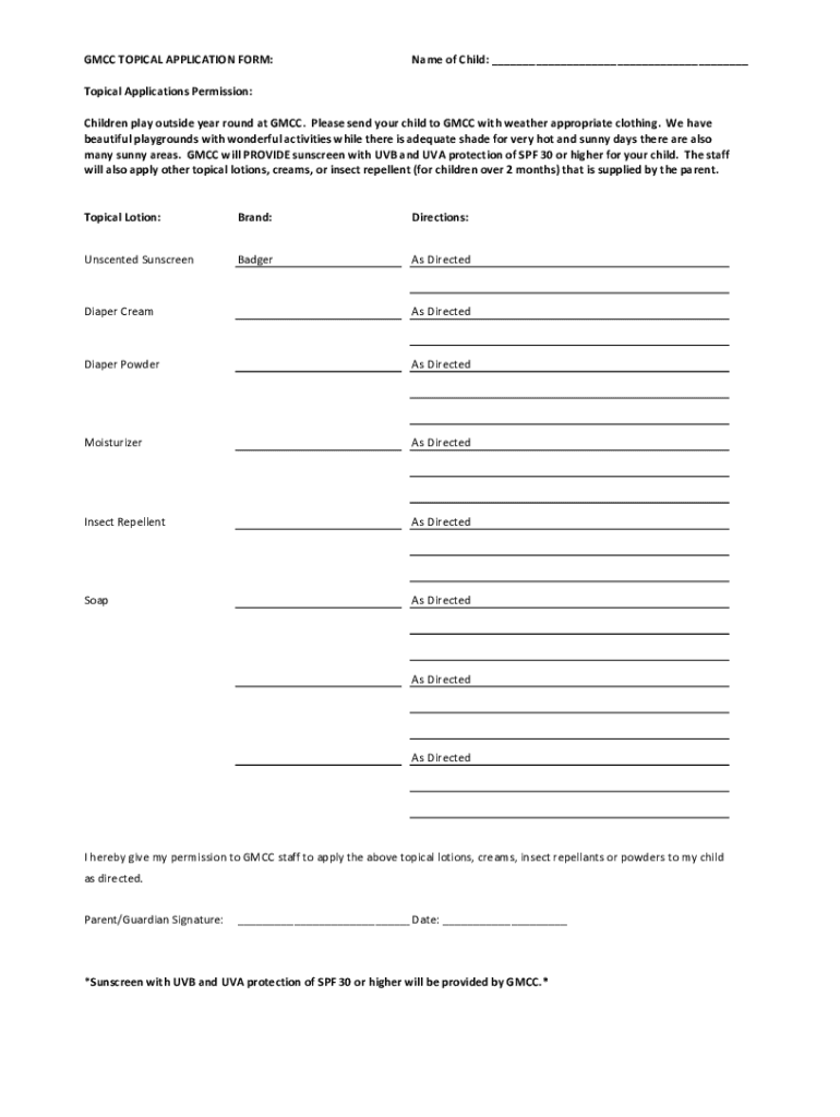 Fillable Online GMCC TOPICAL APPLICATION FORM: Name of Child: Topical ...