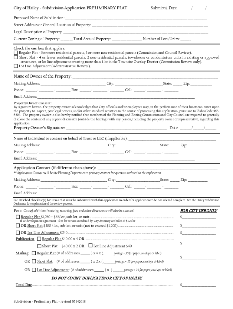 Fillable Online Subdivision Application Preliminary Plat - haileycityhall.org Fax Email Print ...