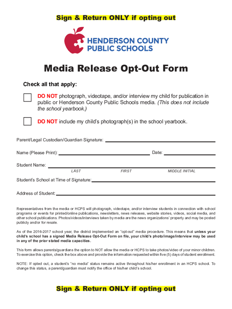 Fillable Online Media Release Opt-Out Form - Henderson County Public Schools Fax Email Print ...
