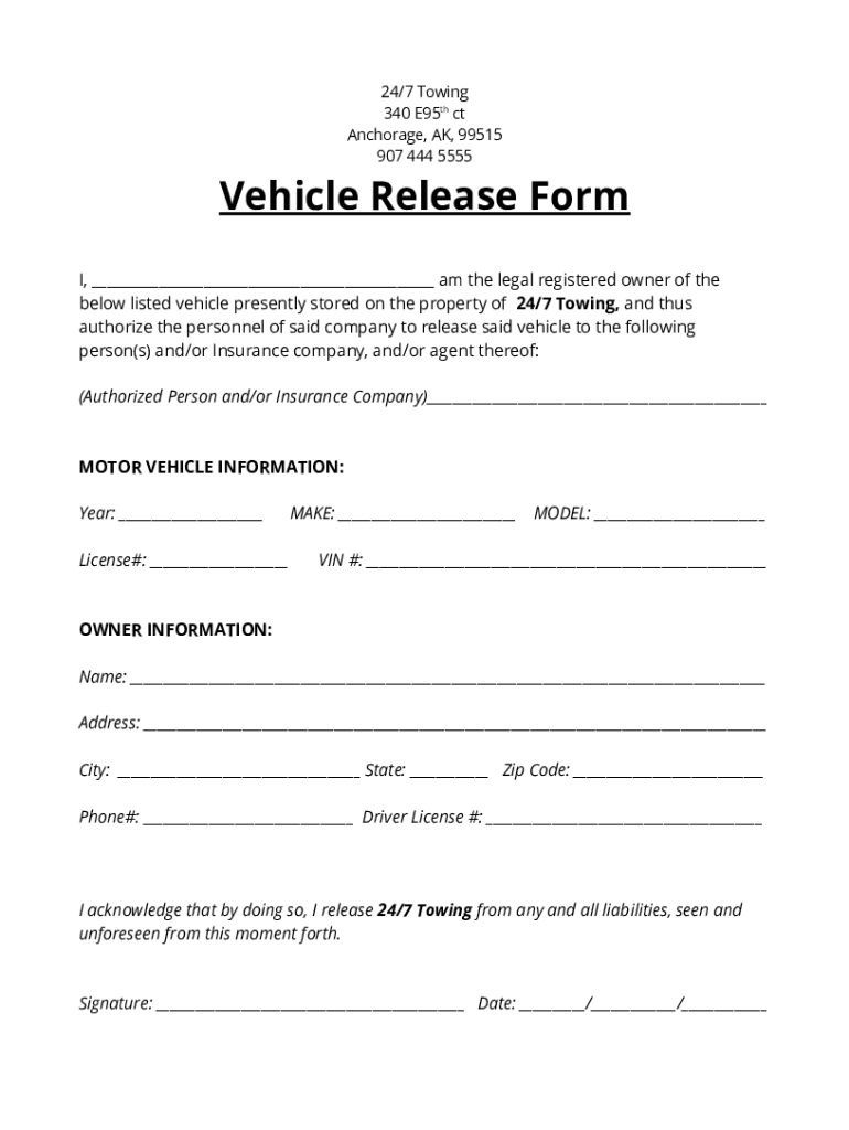 Fillable Online PDF Vehicle Release Form - 24/7 Towing Fax Email Print ...