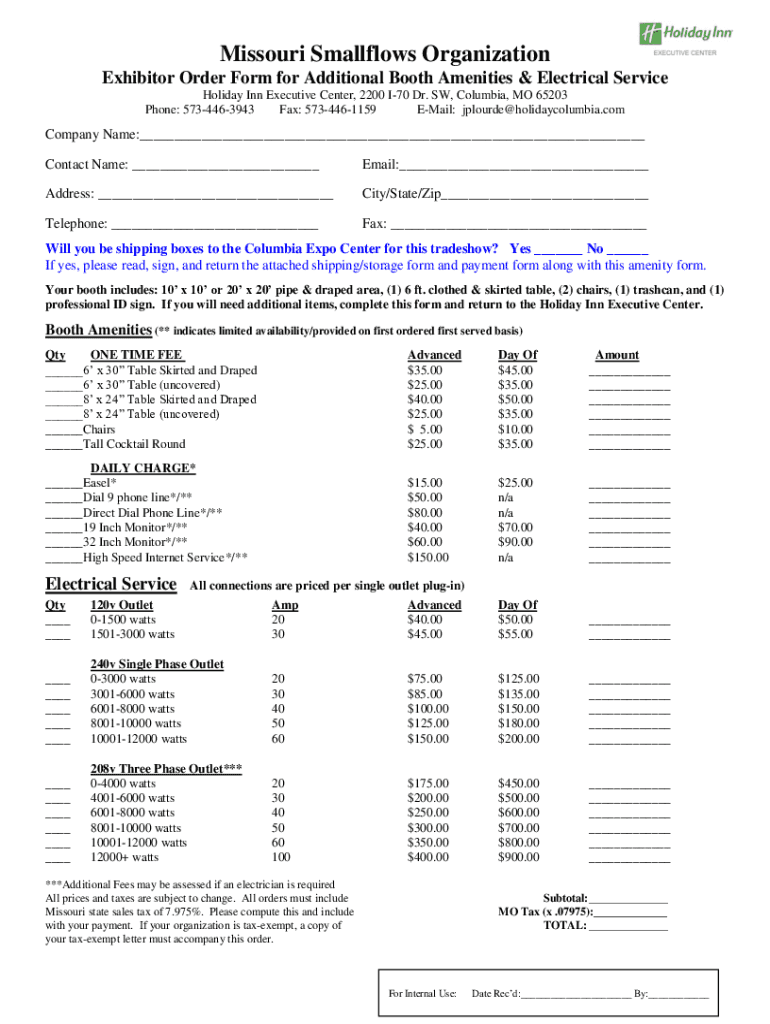 Fillable Online Exhibitor Order Form for Additional Booth Amenities & Electrical Service Fax ...