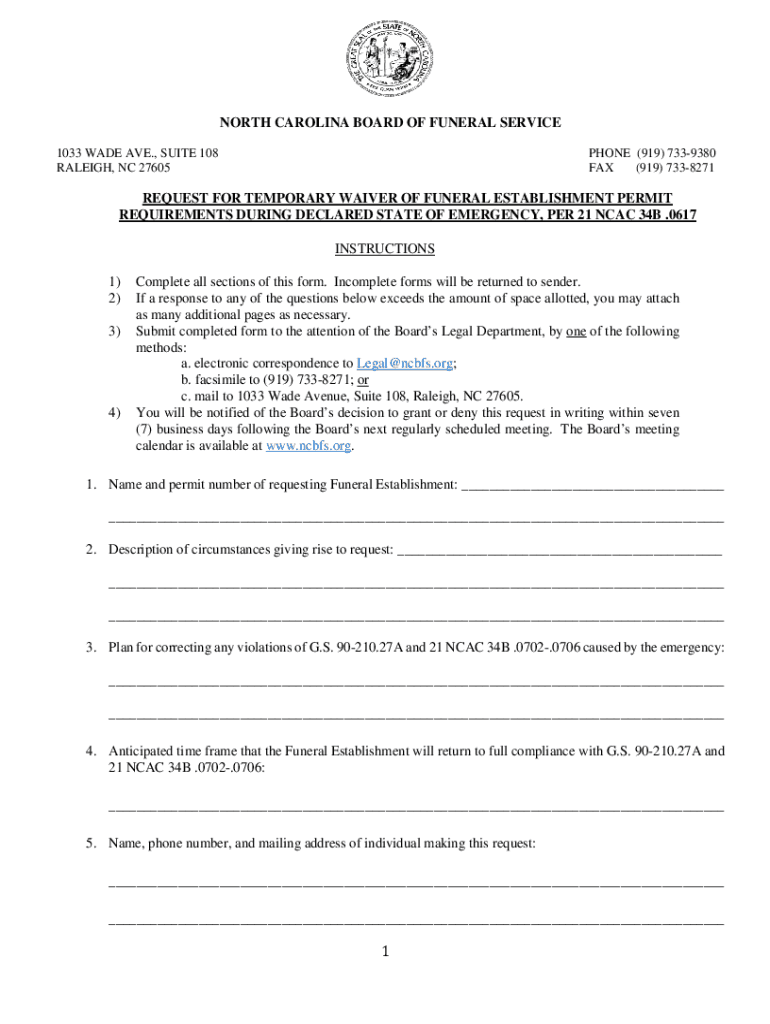 Fillable Online REQUEST FOR TEMPORARY WAIVER OF FUNERAL ESTABLISHMENT ...