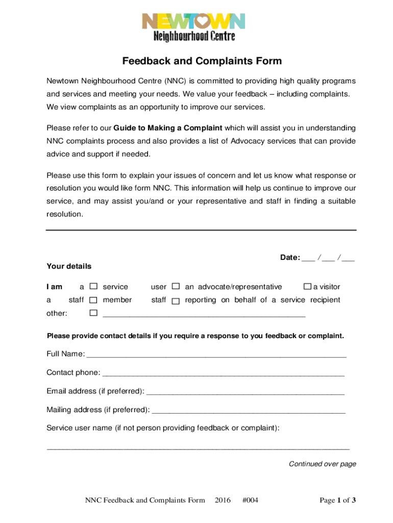 Fillable Online Feedback and Complaints Form - Newtown Neighbourhood ...