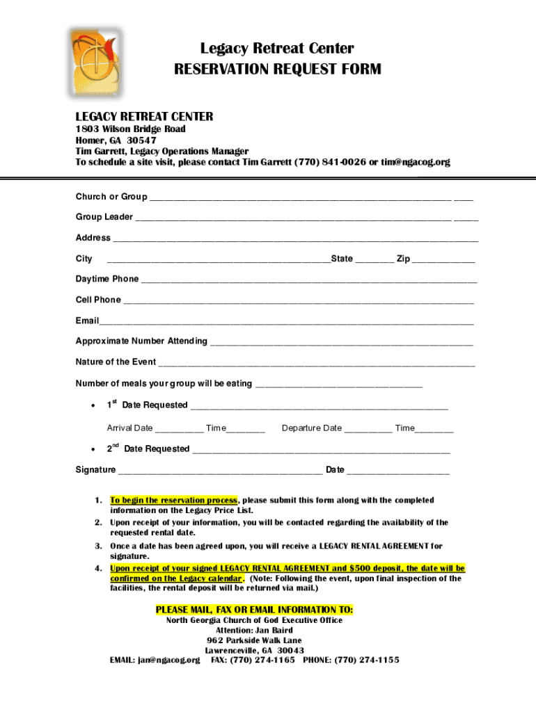 Legacy Retreat Center - Fill Online, Printable, Fillable, Blank | pdfFiller